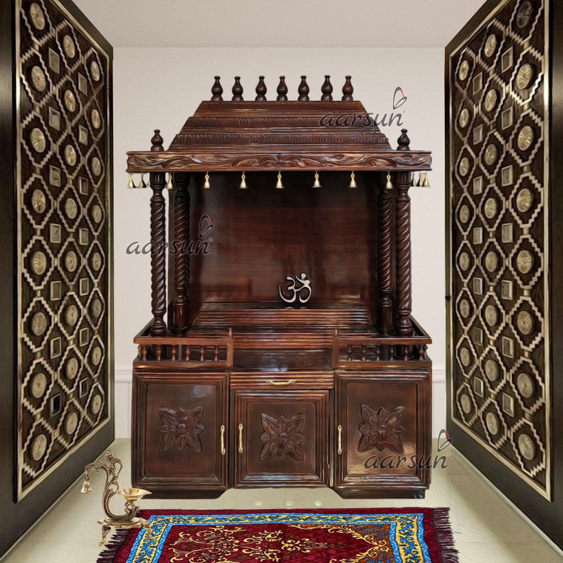 Wooden Temple with Brass Bells / Pooja Ghar MNDR-0403