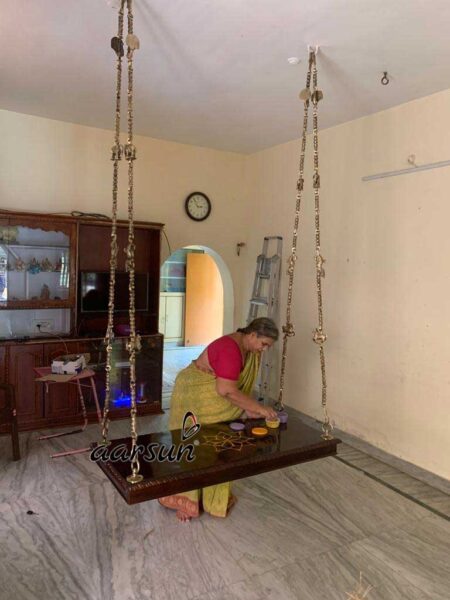 Hanging Wooden Unjal Swing Jhula design with brass chain