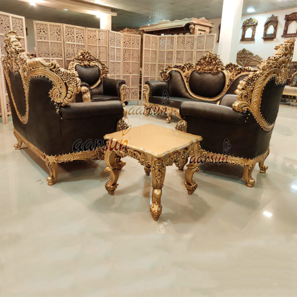 Exclusive Sofa Set Antique Gold Finish & Brown Leatherette YT-175 – Aarsun