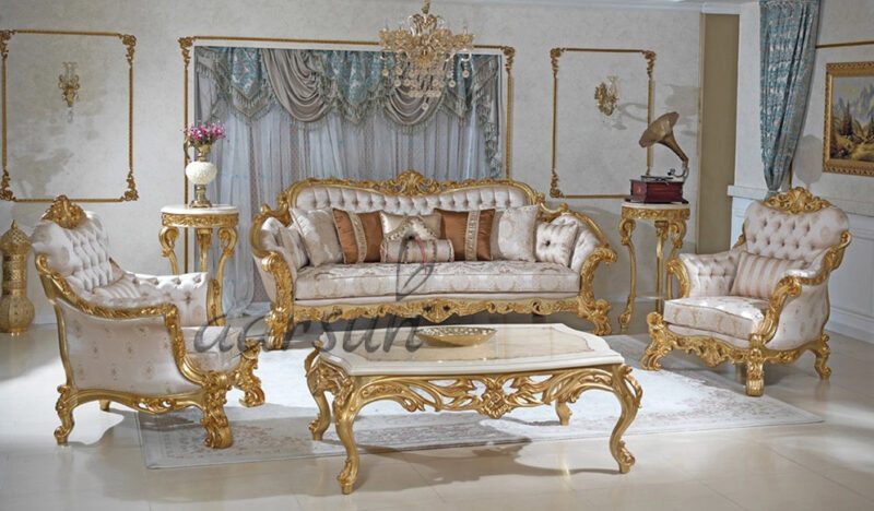 Royal Dining Table & Chairs Set in Teak & Gold Paint
