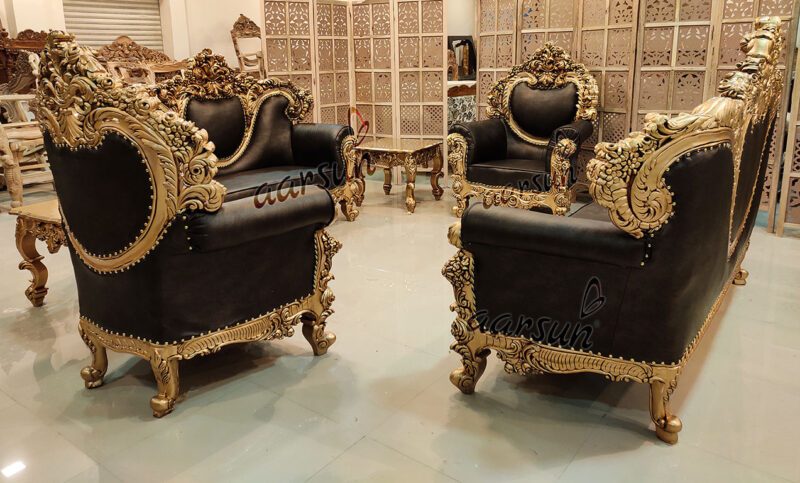 Exclusive Sofa Set Antique Gold Finish & Brown Leatherette YT-175 – Aarsun
