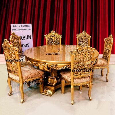 Royal Dining Table & Chairs Set in Teak & Gold Paint