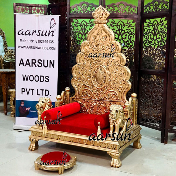 Guruji Chair Singhasan in Teak Wood & Antique Gold YT-500